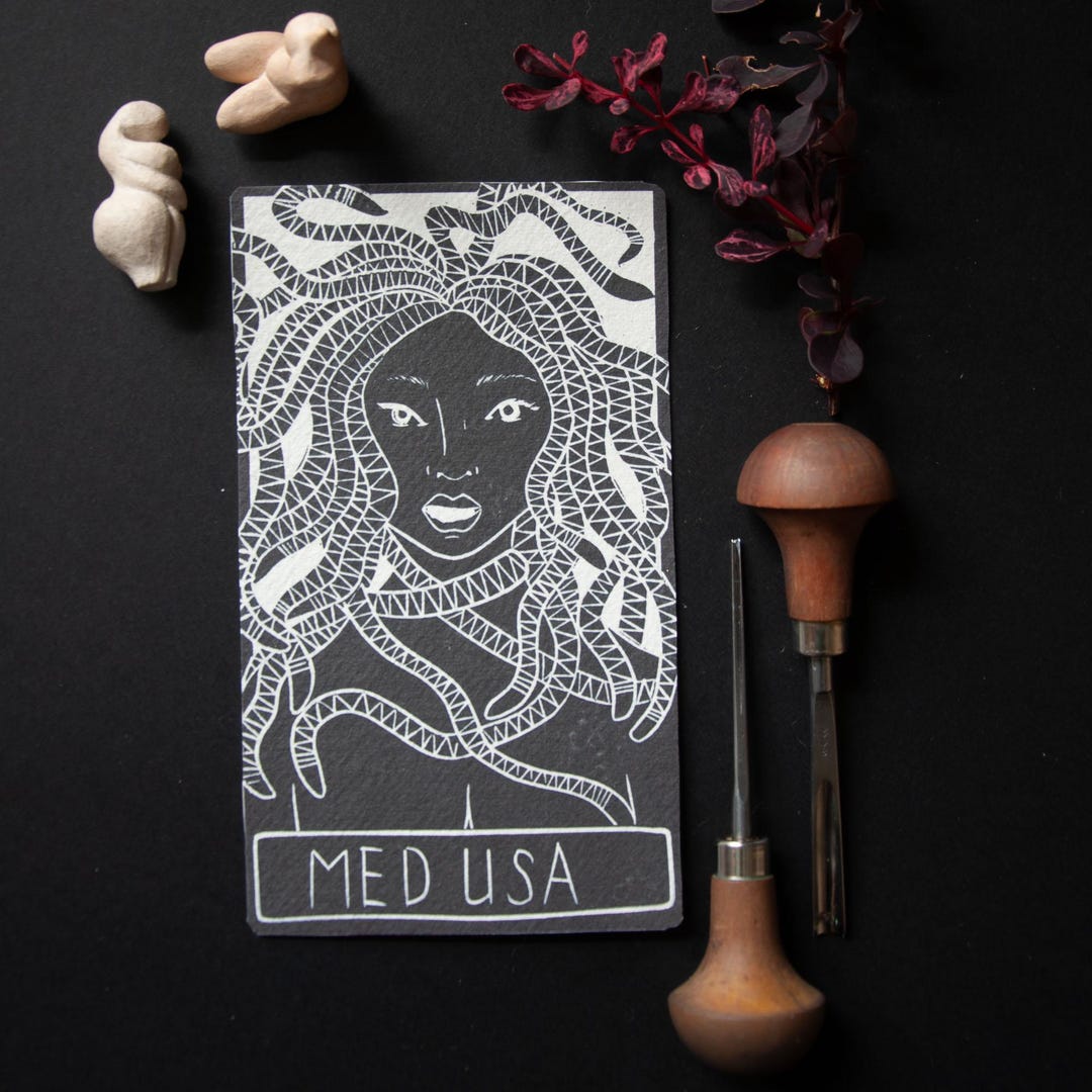 Medusa, Greek Myths Oracle Cards | Goddess Handmade Linocut Art, Eco ...