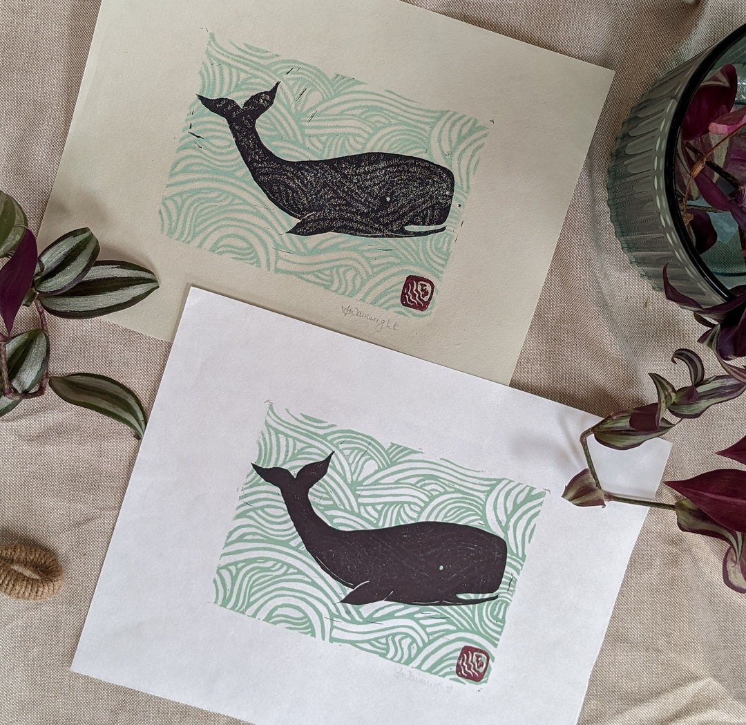 Hello Whale Original Linocut Print - Etsy