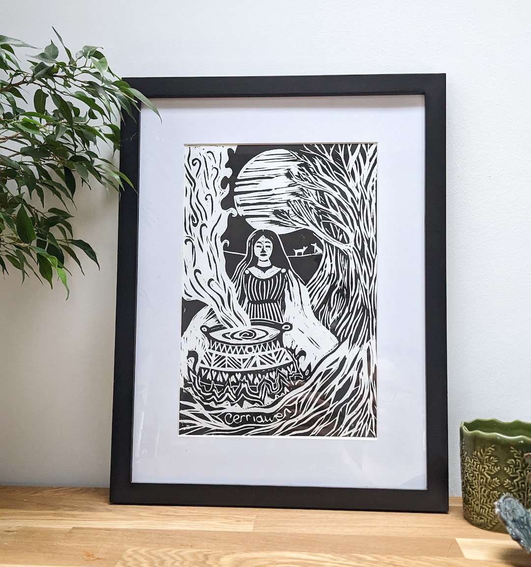 Welsh Enchantress Cerridwen and the Cauldron of Awen | Original Linocut ...