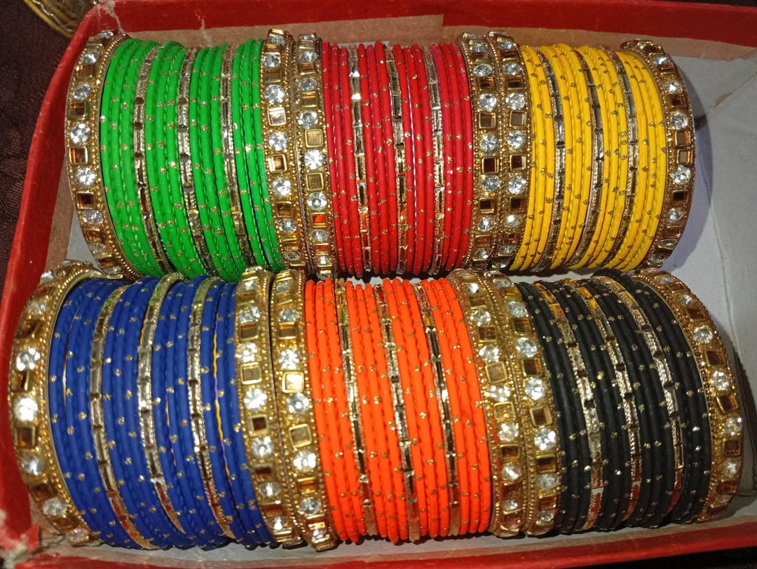 Colorful Indian Metal Dotted Bangles Set Box: Traditional Chooriyan, Metal Bangles, Bridal ...