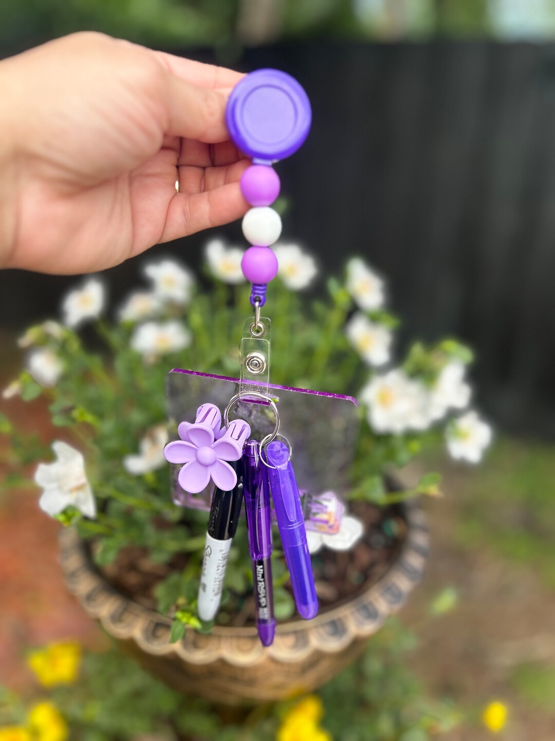 Beaded Badge Reel With Mini Pen, Sharpie, Highlighter & Hair Clip - Etsy