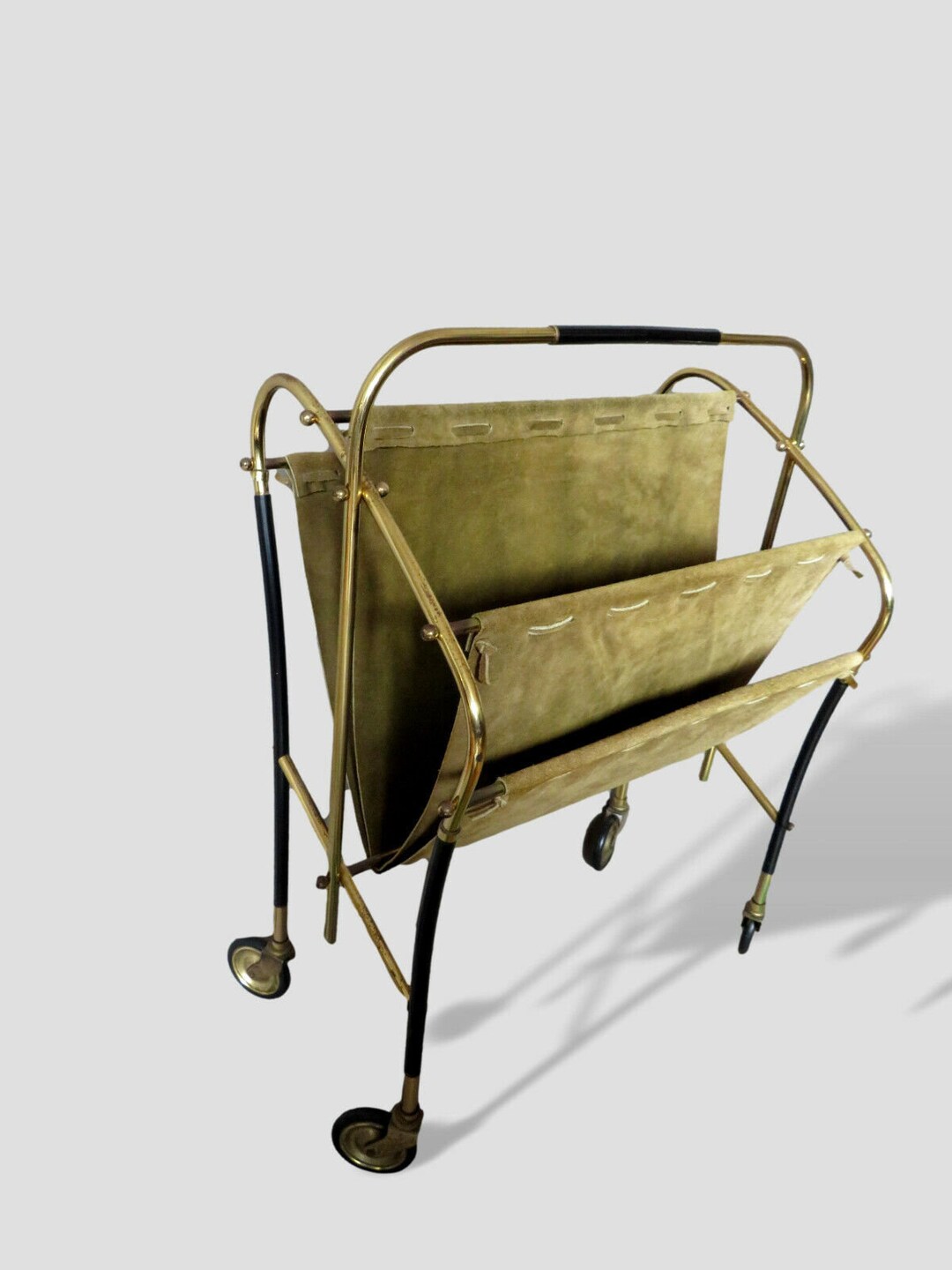 Mid-century Magazine Rack on Wheels, Brass and Leather, Rockabilly Era ...