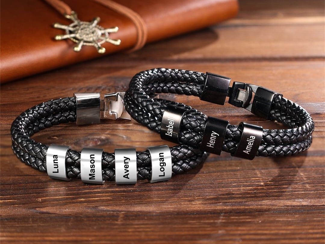 Custom Engraved 1-8 Names Bead Braid Leather Mens Bracelets ...
