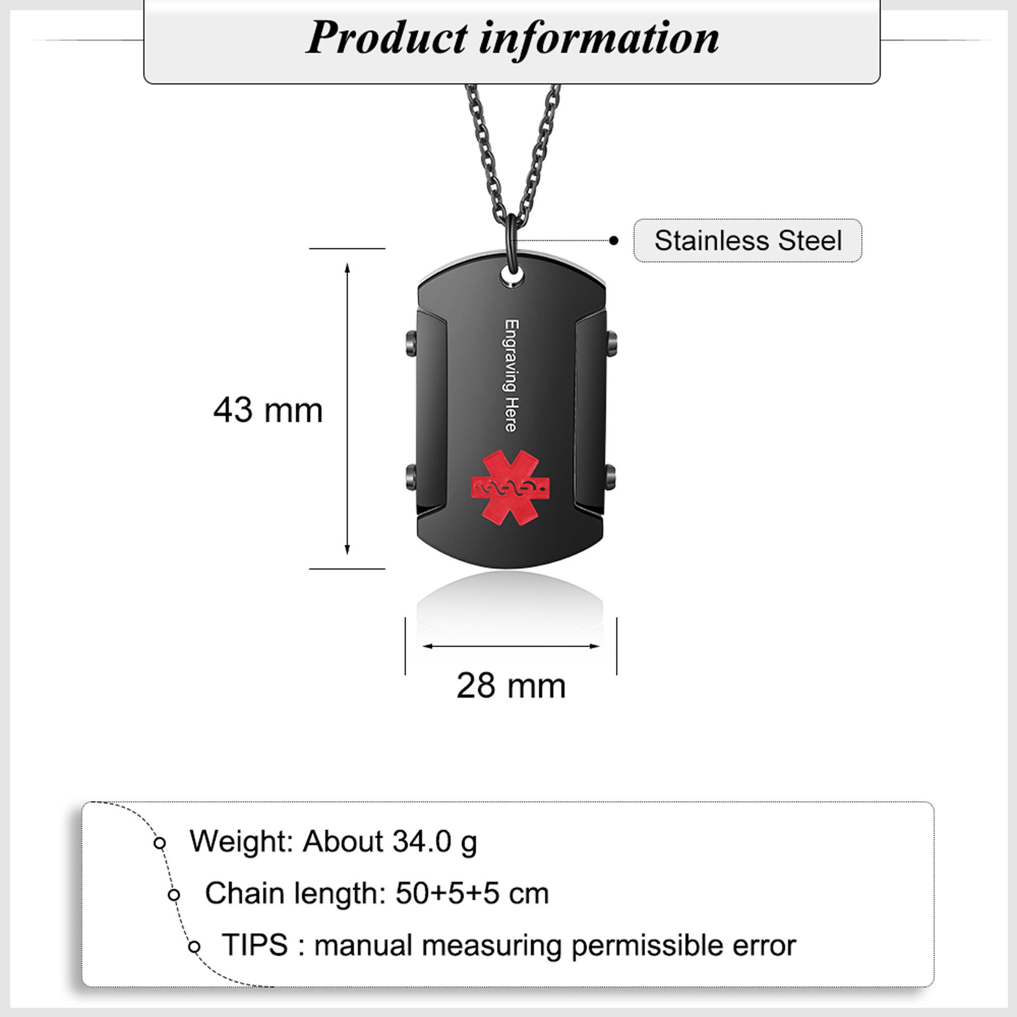 Medical Alert Pendant Necklace for Men Women Custom Engraved Name ID ...