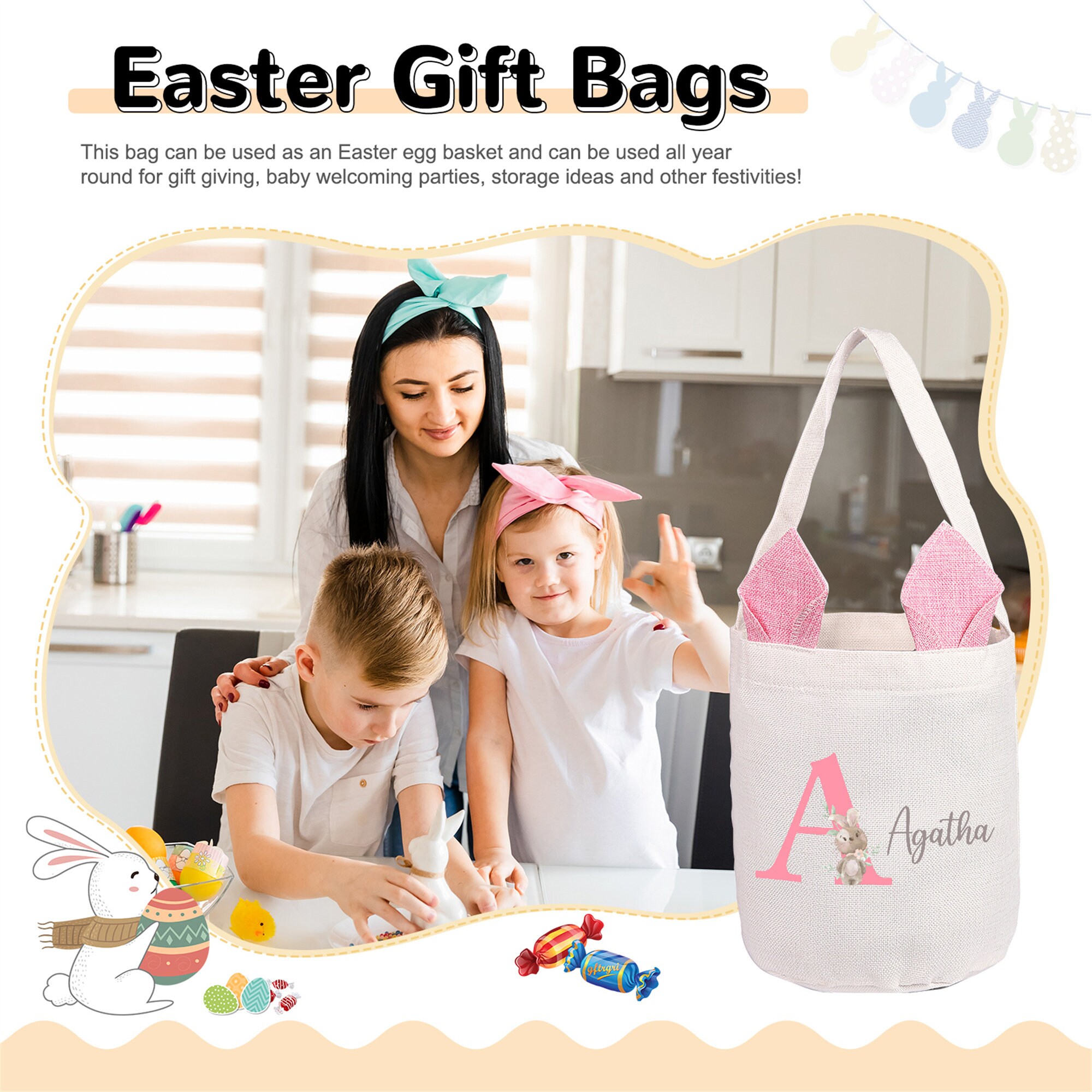 Custom Initials Name Easter Basket Personalized Gifts for Kids, for ...