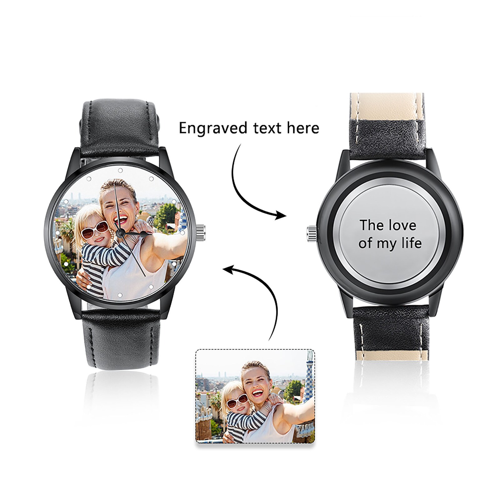 Personalized Photo Mens Wrist Watch, Custom Engraved Text Black Leather ...