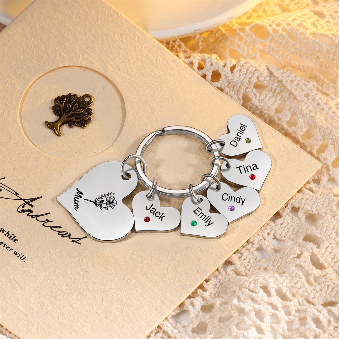 Personalized Keychain With Kids Names Charms Birth Flower & Birthstone ...