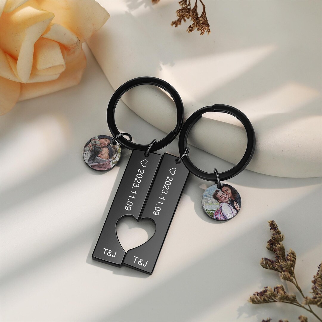 Engraved Couple Keychain Set, Custom Matching Heart Keychain, Photo ...
