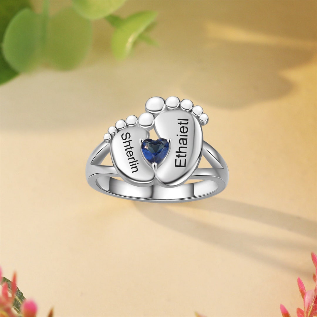 Baby Footprint Ring Custom Engraved Kids Name Birthstone Rings ...