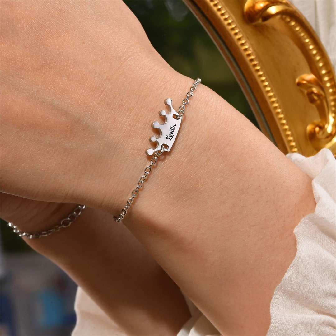 Personalized Dainty Crown Bracelet With Names Queen Bangle Bracelet ...