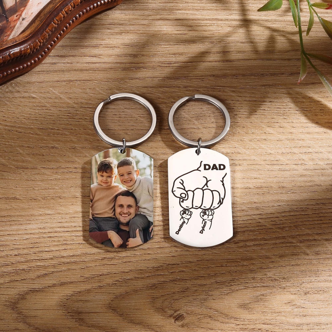 Custom Dad and Kids Picture Keyring, Fist Bump Baby Name Photo Keychain ...