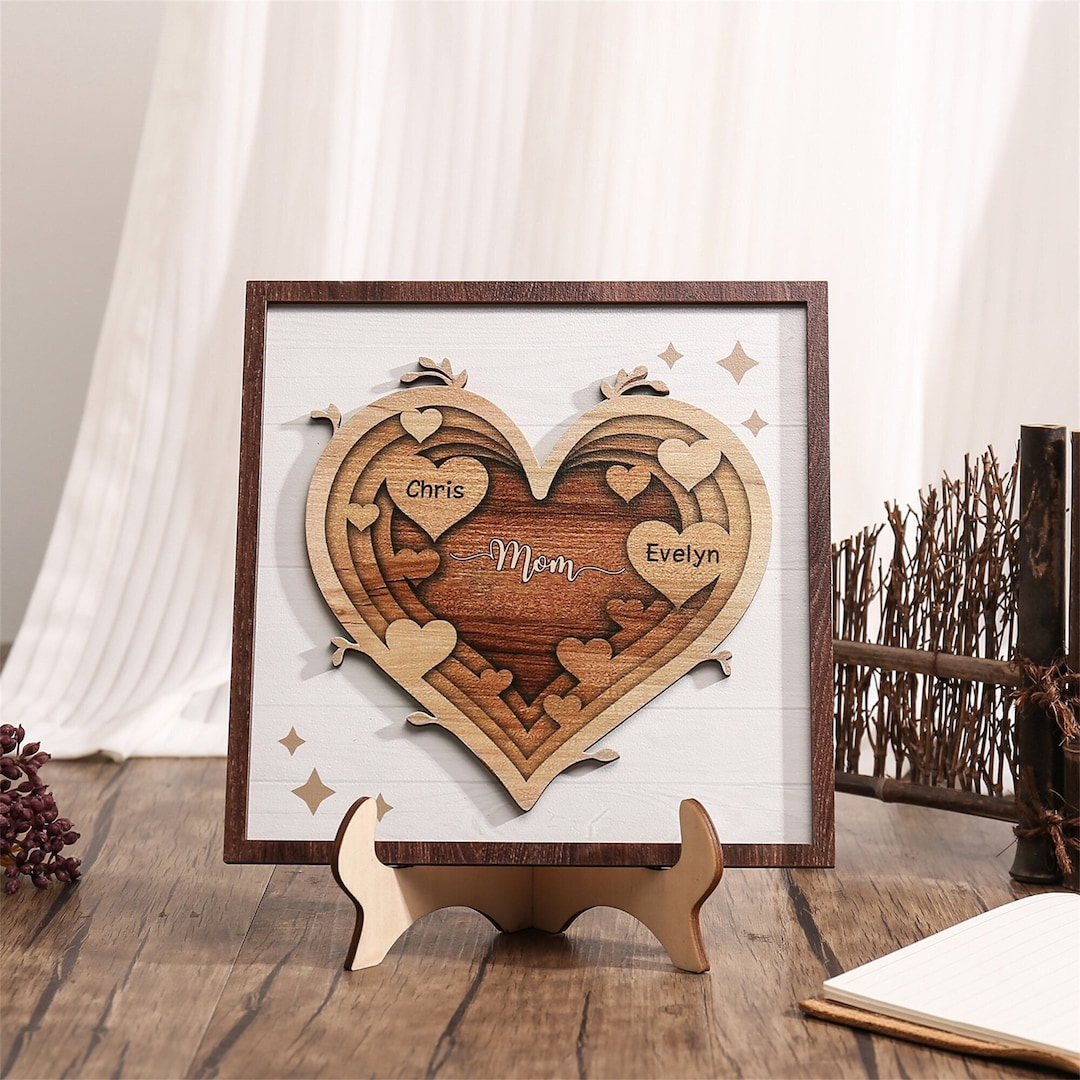 Heart Wooden Sign, Personalized Gift for Mom, Family Name Wood Plaque ...