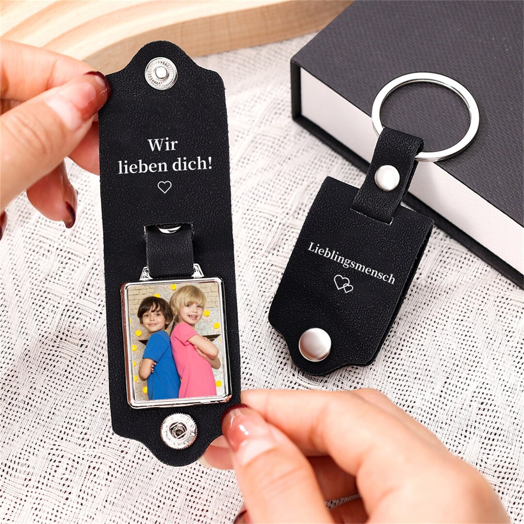 Men Keychain With Photo, Personalized Text Leather Keychain, Couple ...