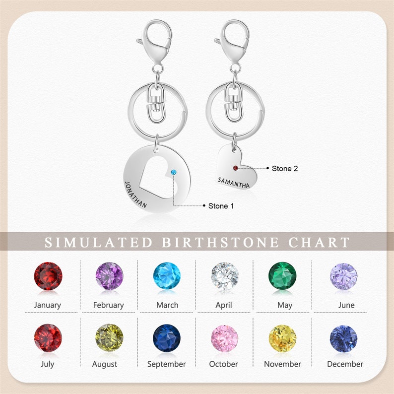 Custom Birthstone Couple Keychain Set 2pcs Heart Matching Keychain ...