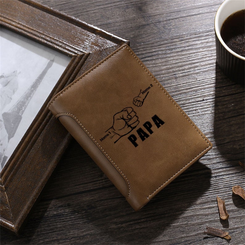 Papa Wallet Fist Bump Custom Papa and Kids Name, PU Leather Wallet for ...
