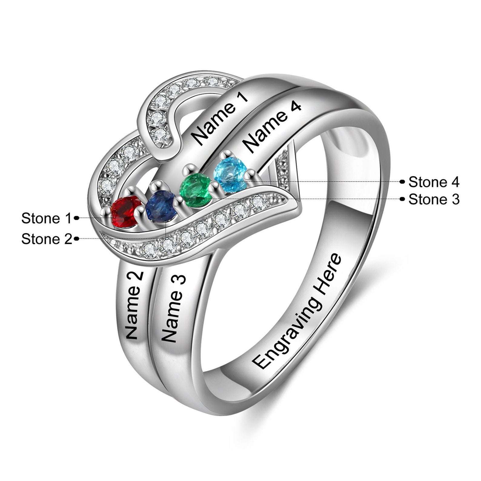 925 Sterling Silver Custom 4 Birthstones Family Names Ring - Etsy