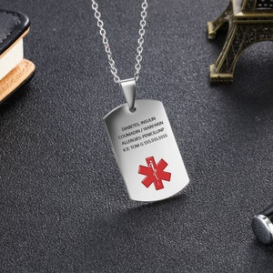Custom Medical Alert Necklace for Men Women, Stainless Steel Engraved ...