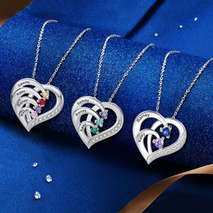 Personalized Hearts Necklace with 2 4 Birthstones Customized Engraved Name Promise Necklace for Her Family Anniversary Jewelry for Grandma