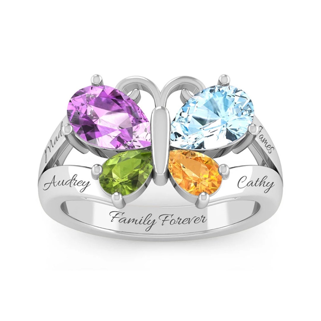 Butterfly Rings With 4 Birthstones Custom Engraved 4 Names Family Rings ...