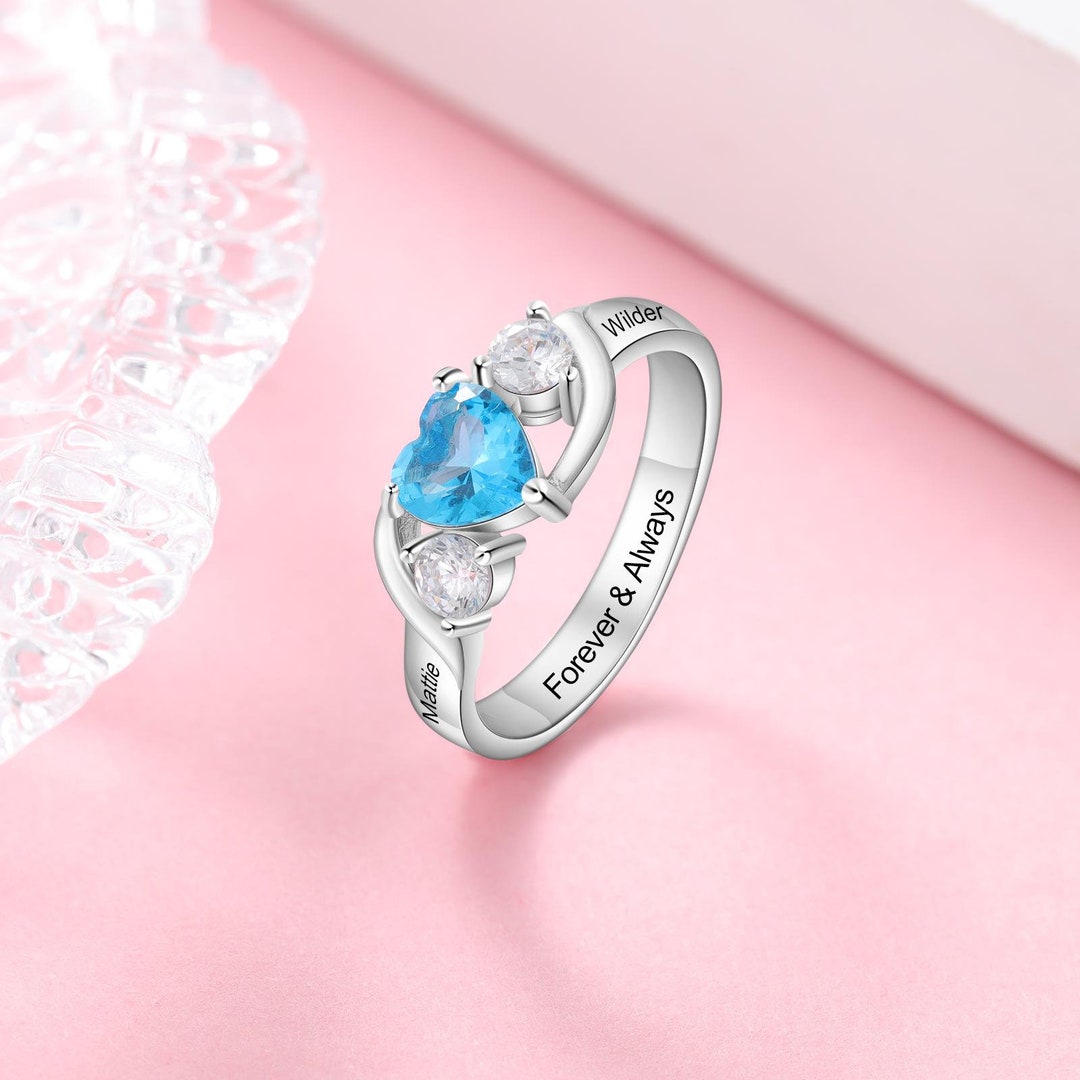 Promise Rings for Her Personalized 3 Birthstone With Couples Names Love ...