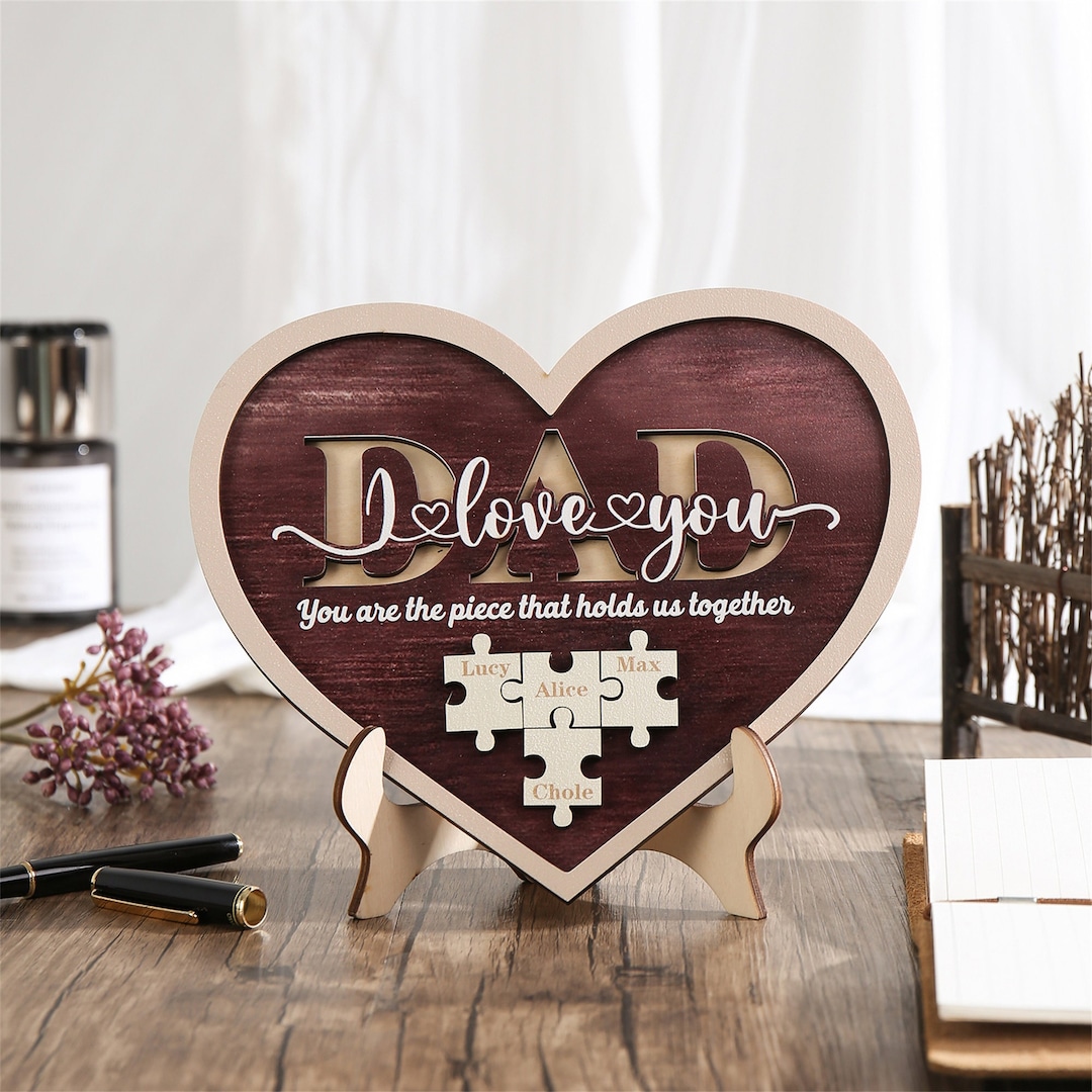 Gifts for Dad Personalized,puzzle Heart Wooden Sign, Kids Names Plaque ...