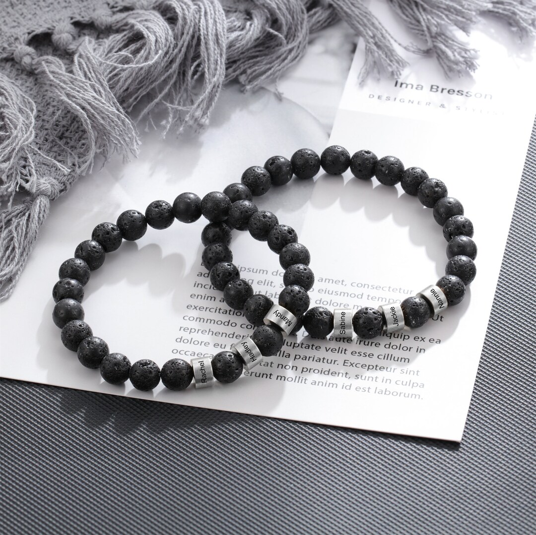 Custom 1-5 Names Black Lava Stone Bead Mens Bracelets, Family Name ...