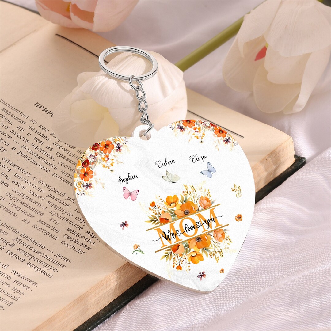 Acrylic Floral Heart Keychain Custom Family Names Keychain Mother’s Day ...