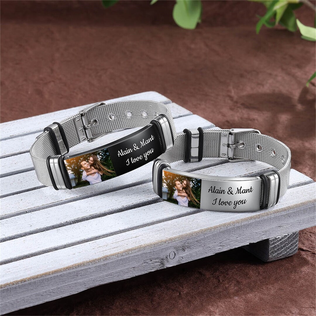 Custom Color Photo Engraved Name Strap Bracelet Adjustable Stainless ...