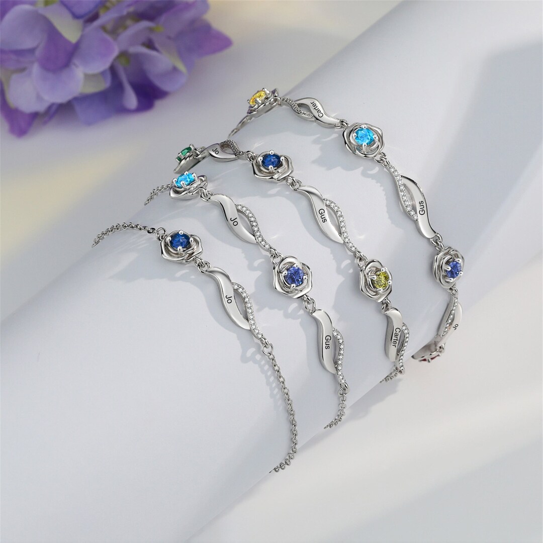 Personalized Birthstone Rose Bracelet Custom 1-4 Names Custom Family ...