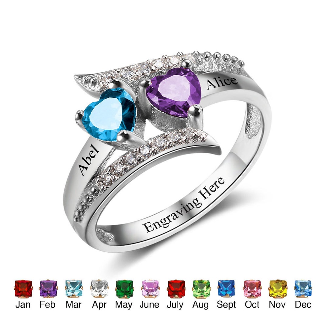 Personalized Custom 2 Birthstones Engagement Promise Ring for Her ...