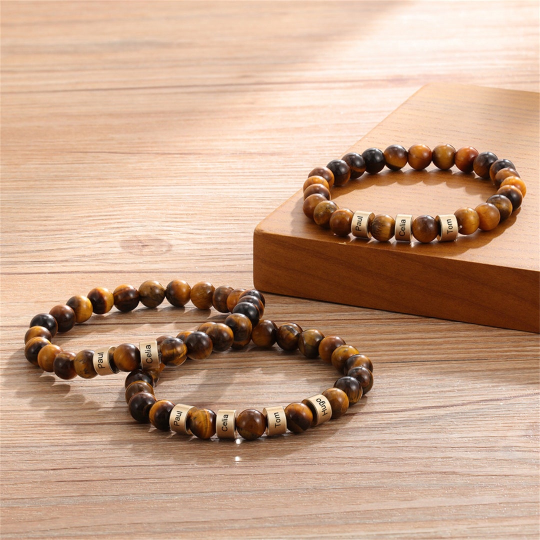Tiger's Eye Stone Bracelets Bead Bracelet Custom Engraved 1-5 Names ID ...