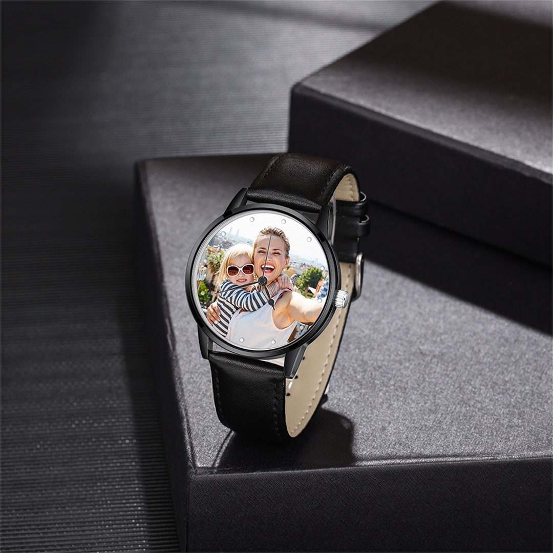 Personalized Photo Mens Wrist Watch, Custom Engraved Text Black Leather ...