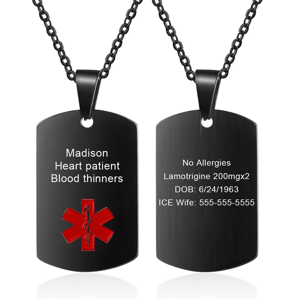 Custom Medical Alert Necklace for Men Women Stainless Steel Engraved ...