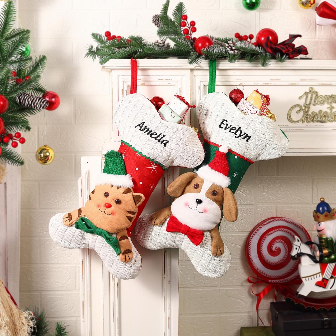 Puppy Bone Shaped Stocking Cat Dog Bone Embroidered Name Christmas ...