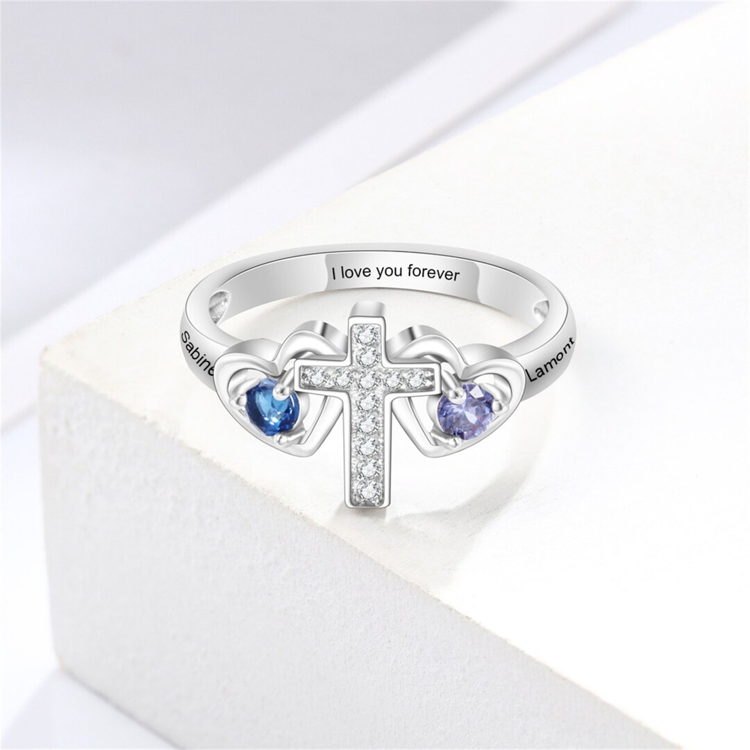 Personalized Cross Rings With 2 Birthstones Custom Meaningful Name ...