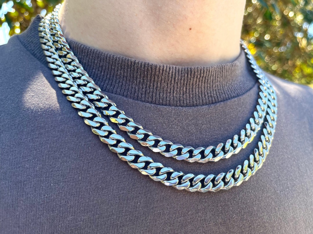 Cuban Titanium Thick Chain Necklace Men's Silver Choker Thick 9mm/11mm ...