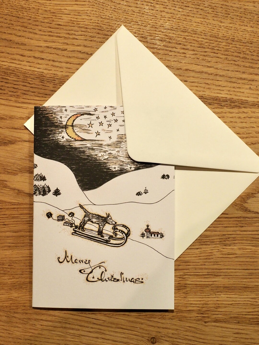 Dog on Sled Christmas Card – Hand-drawn Winter Greeting | Cozy Holiday ...