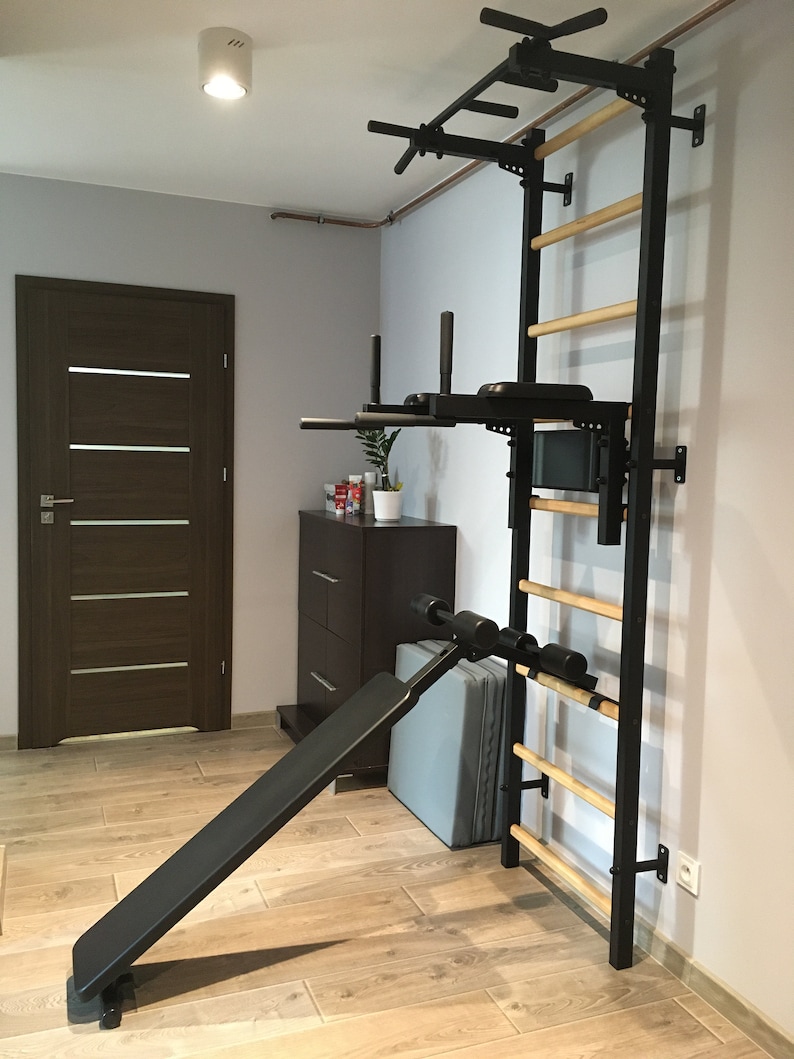 Benchk Wall Bars With a Fixed Steel 6-grip Pull-up Bar, a Dip Bar With ...