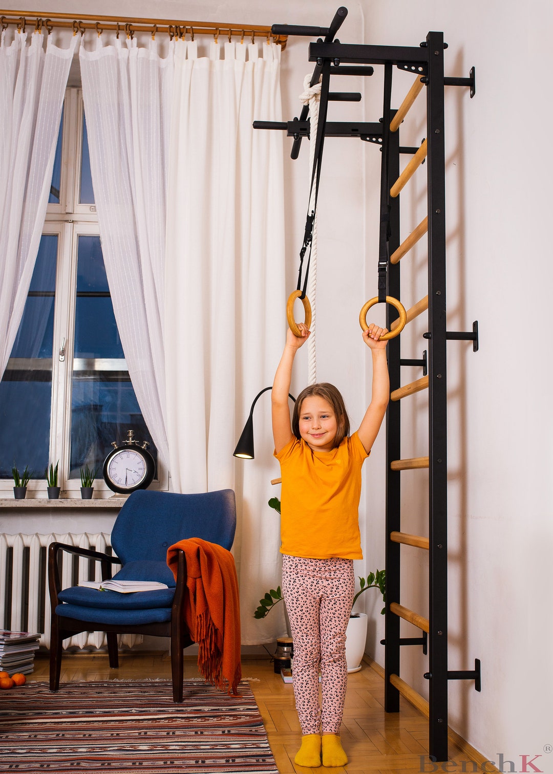 Benchk Wall Bars With a Fixed Steel 6-grip Pull-up Bar and Gymnastic ...