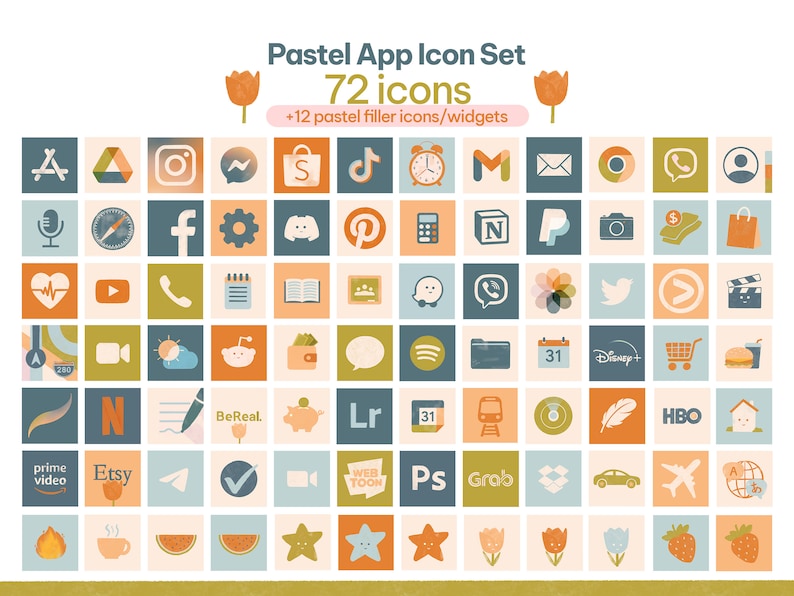 Cute Pastel Hand Drawn App Icons | 84 Icons | Android + Ios App Icon ...