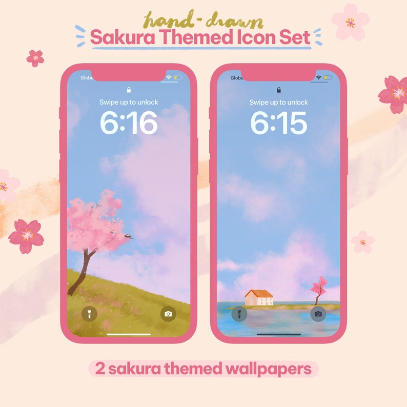 SAKURA Hand Drawn App Icon Pack With Wallpapers | Cherry Blossom App ...