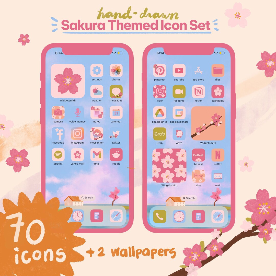 SAKURA Hand Drawn App Icon Pack With Wallpapers | Cherry Blossom App ...