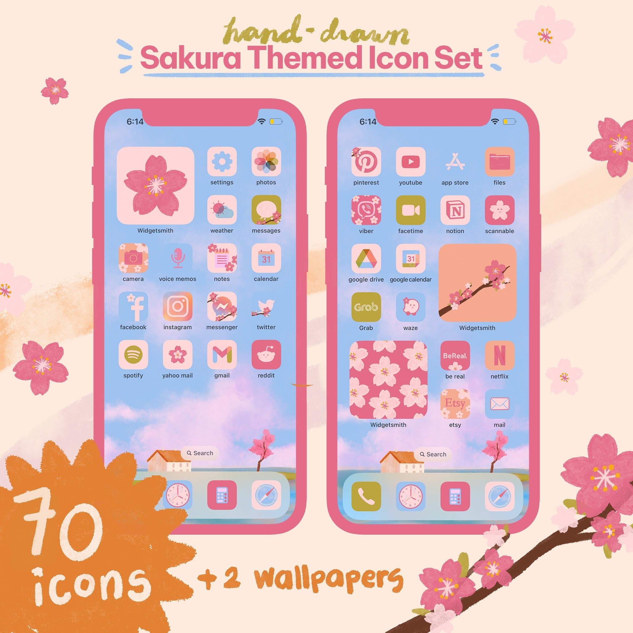 SAKURA Hand Drawn App Icon Pack With Wallpapers | Cherry Blossom App ...
