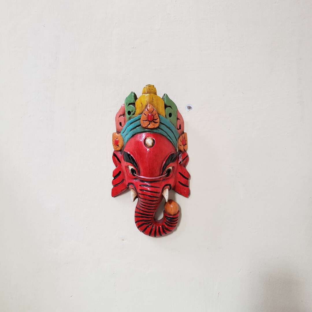 Rare Ganesh Hindu God Wooden Mask Handmade Hand Carved Elephant Wall ...