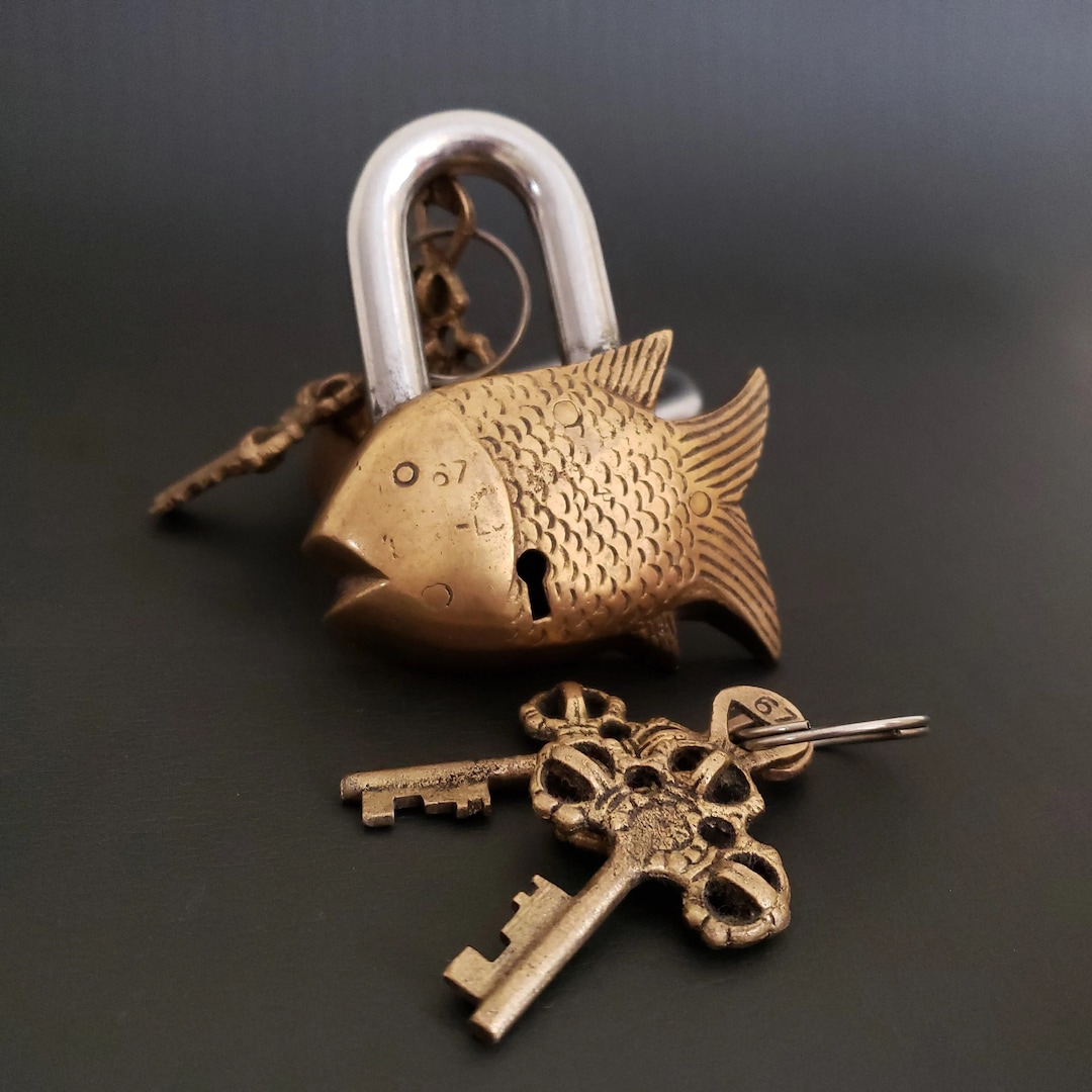 Brass Fish Lock With 2 Unique Keys Metal Cast Indian Temple Lock ...