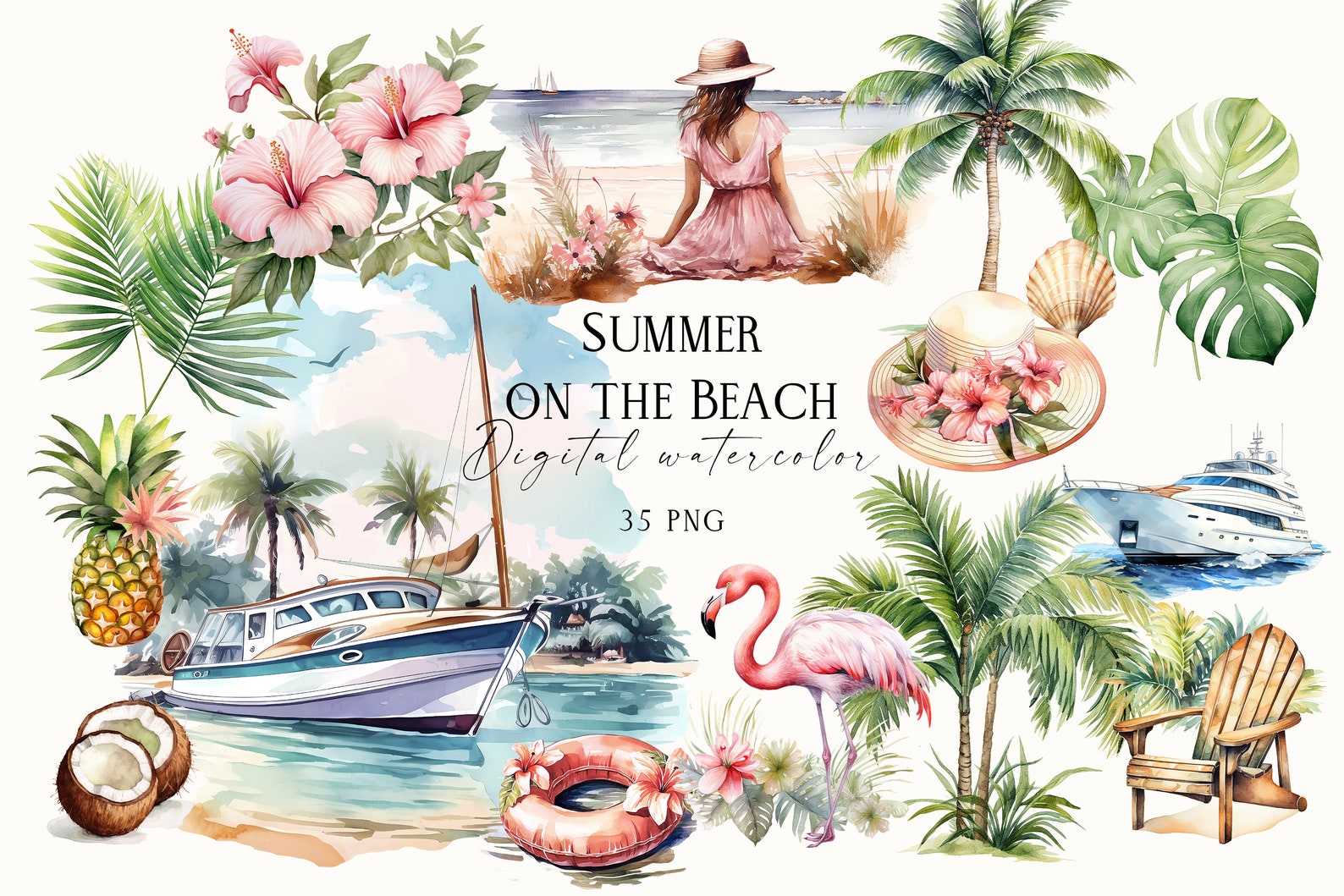 Watercolor Summer Clipart, 35 PNG Summer on the Beach, Beach Holiday ...
