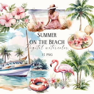 Watercolor Summer Clipart, 35 PNG Summer on the Beach, Beach Holiday ...