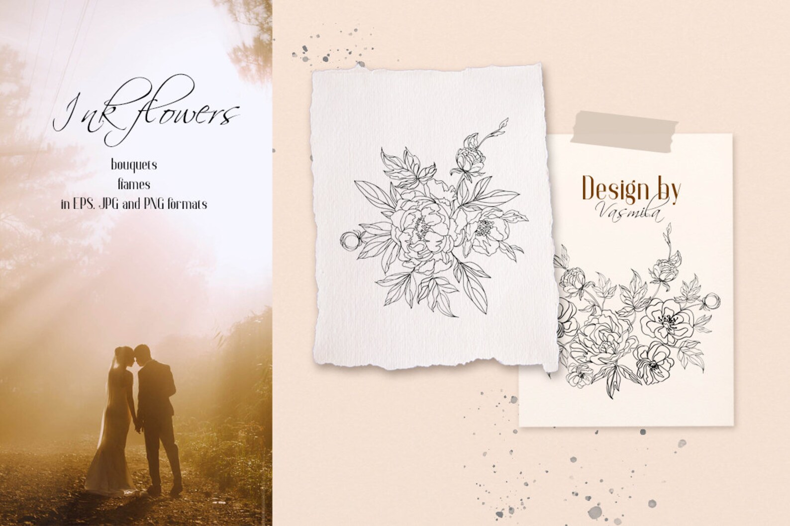 Floral Line Art Bouquets Ink Flower Frames Hand Drawn Floral - Etsy