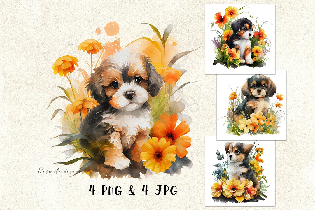 Watercolor Puppies Clipart, Cute Floral Puppy PNG, Dogs in Flowers ...