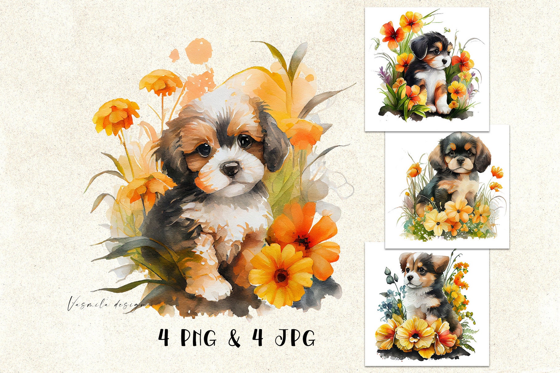 Watercolor Puppies Clipart, Cute Floral Puppy PNG, Dogs in Flowers ...